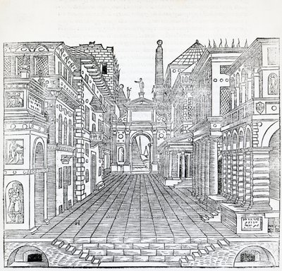 Magic scene, theatrical scene design, illustration from Treatise on ...