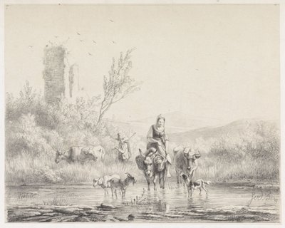 Woman on a Donkey and Her Flock by Simon van den Berg