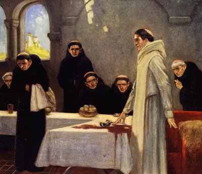 Saint Benedict and the Monks (colour litho) by Stephen Reid