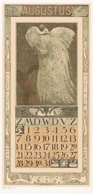 August calendar page with white peacock Calendar 1910 12 lithographs by ...