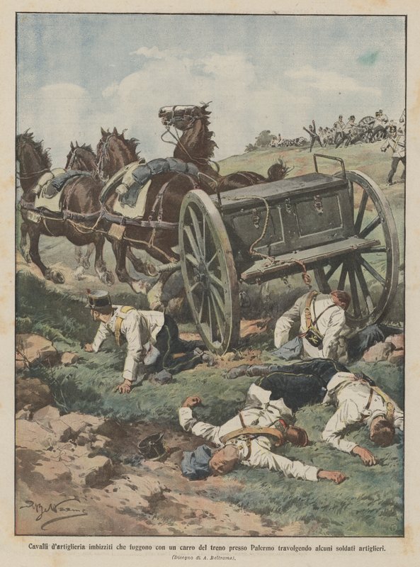 Artillery horses run wild and flee with a train cart near Palermo ...