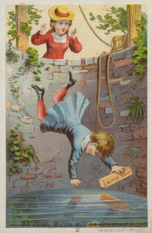 Boy Falling into Well by American School: Fine art print