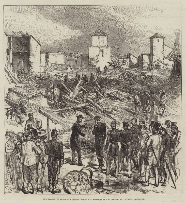 The Floods in France, Marshal Macmahon visiting the Faubourg St Cyprien ...