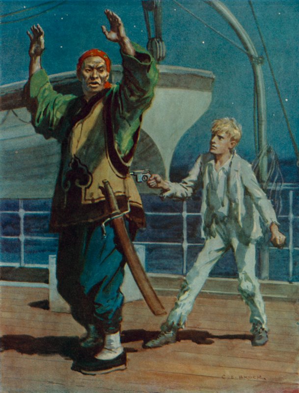 Boy holding a Chinese pirate at gunpoint, scene from Hai Ping the Pirate