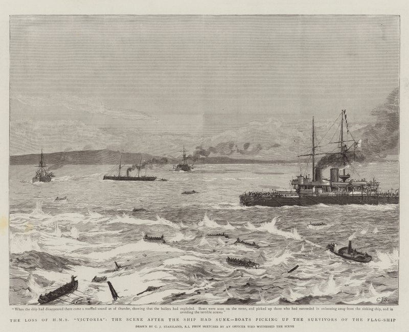 The Loss of HMS Victoria, the Scene after the Ship had sunk, Boats ...