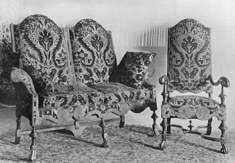 Suite of Walnut Chairs and Settee Covered in English Velvet
