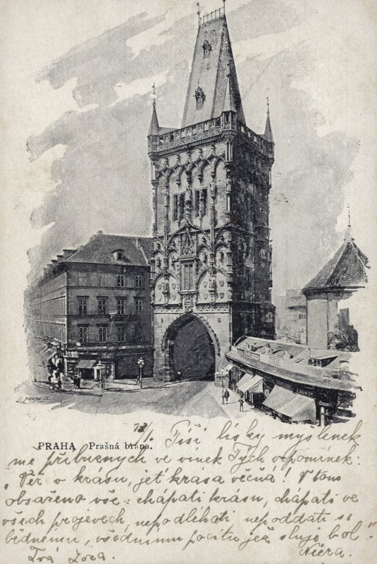 Postcard depicting the Powder Tower by Czech Photographer