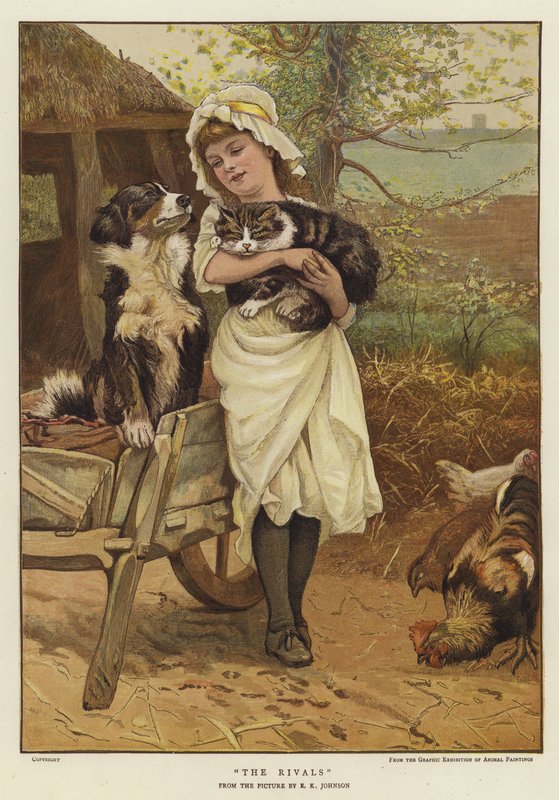 A Young Girl Holding a Cat in Her Arms Alongside a Dog