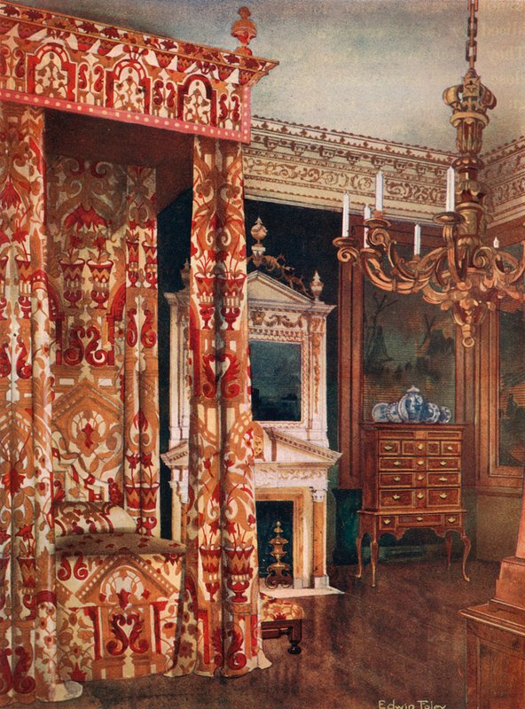 Queen Anne's Bed, Chest of Drawers upon Stand, Wooden Candelabra