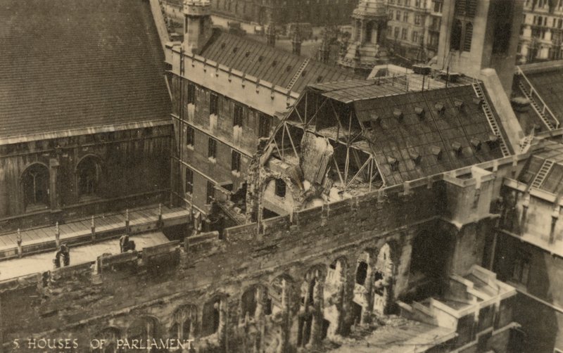 The Houses of Parliament, London, showing bomb damage during WW2