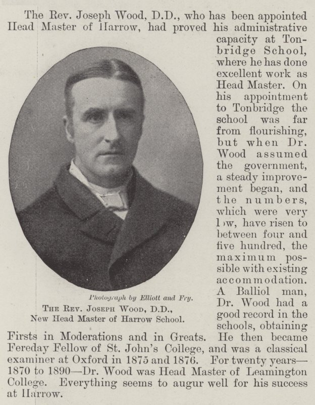 The Reverend Joseph Wood, DD, New Head Master of Harrow School