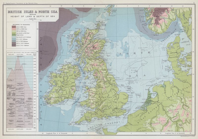 British Isles and North Sea showing height of land and depth of sea