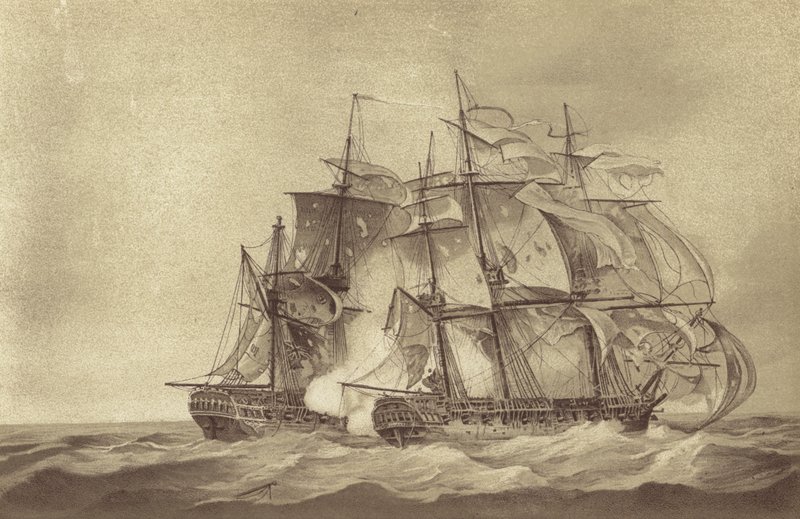 British frigate HMS Santa Margarita capturing the French frigate Tamise ...