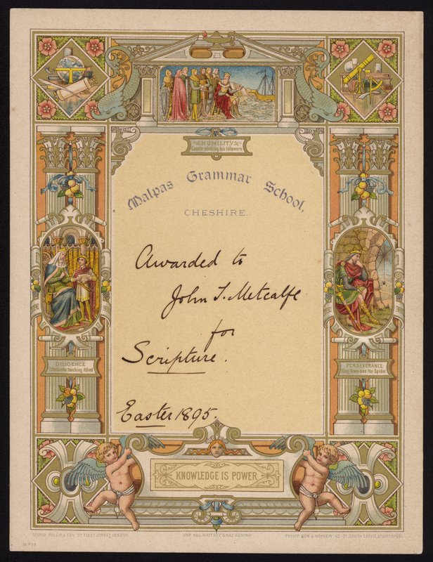 Certificate for Scripture Awarded to a Pupil of Malpas Grammar School ...