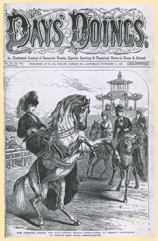 Miss Georgina Sanger, the well-known female horse-tamer, at present ...