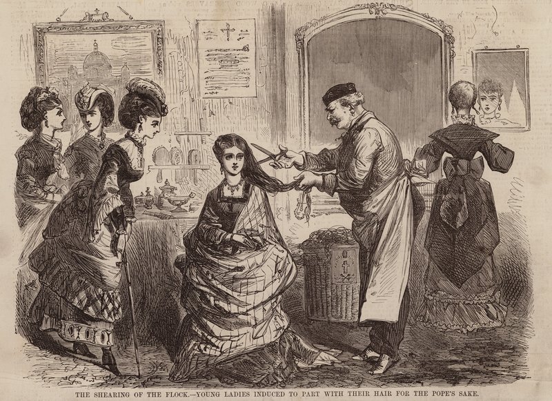The Shearing of the Flock, Young Ladies Induced to Part with Their Hair ...