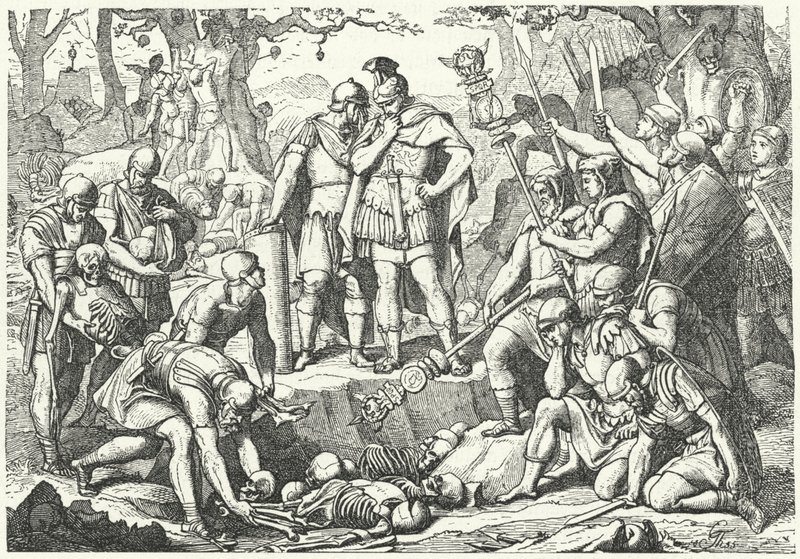 Germanicus burying the bones of soldiers of the three Roman legions ...