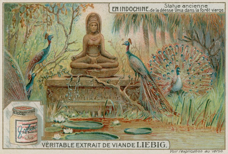 Statue of the Goddess Uma in a Forest with Peacocks