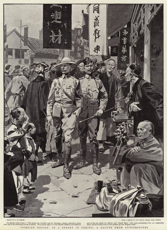 Foreign Devils in a Street in Peking, a Salute from Guttersnipes