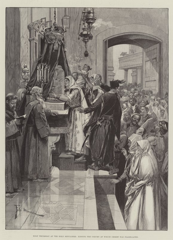 Holy Thursday at the Holy Sepulchre, kissing the Column at which Christ ...