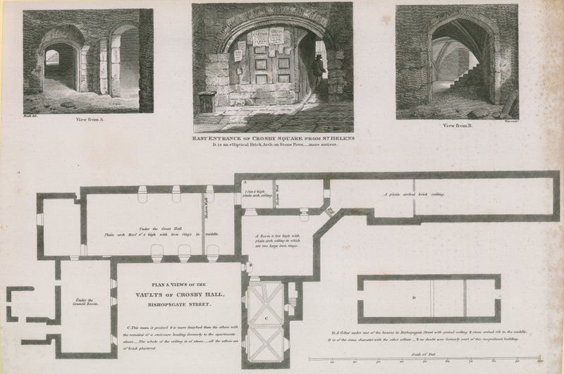 Ground Plan and Views of Vaults of Crosby Hall, Bishopsgate Street