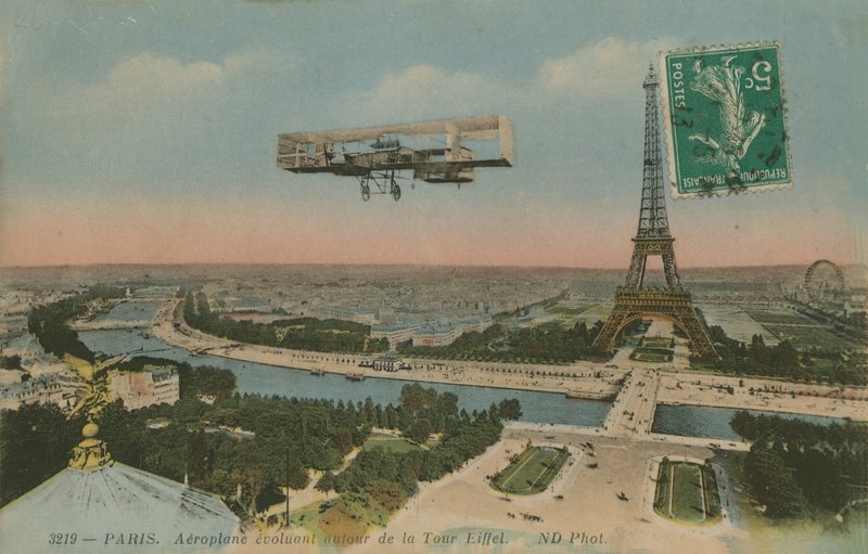 Aeroplane circling around the Eiffel Tower in Paris, France