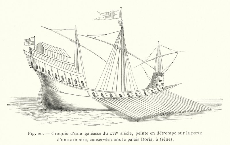 Sketch of a galleass of the 16th century, painted in tempera on the ...