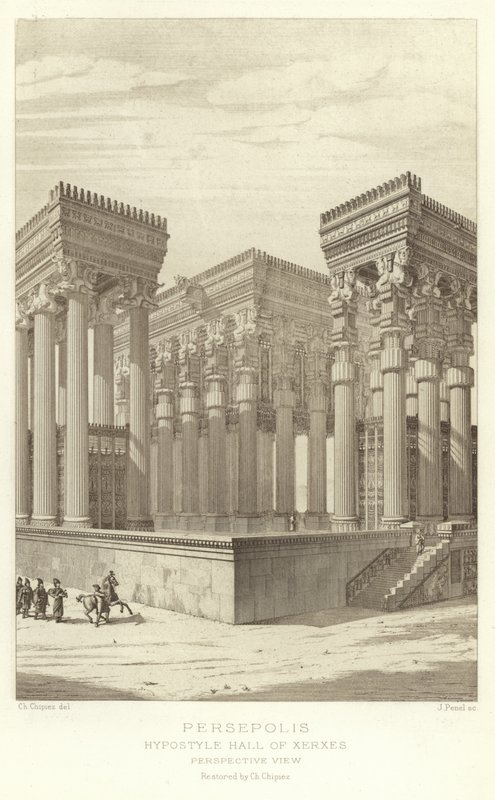 Persepolis, Hypostyle Hall of Xerxes, Perspective view, restored by Ch ...