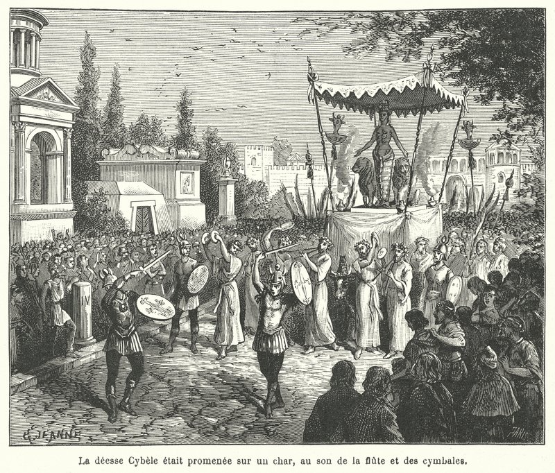 Procession of the chariot of the Roman goddess Cybele, preceded by ...