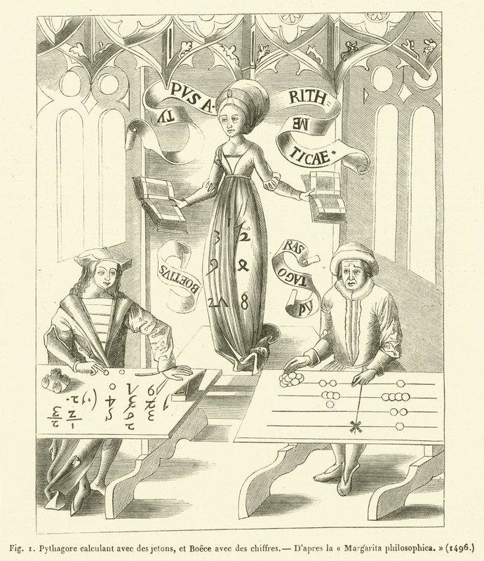 Pythagoras Calculating with Counters, and Boethius with Numbers (engraving)