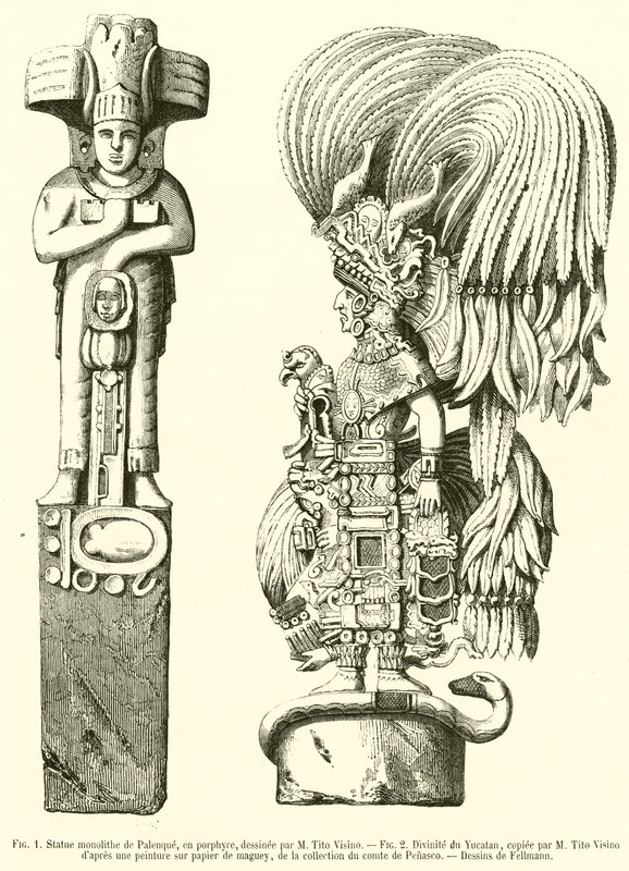 Monolithic Statue of Palenque, in Porphyry; Deity of Yucatan (engraving)