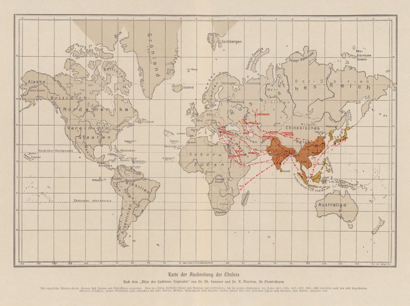 World Map Showing the Spread of Cholera by French School