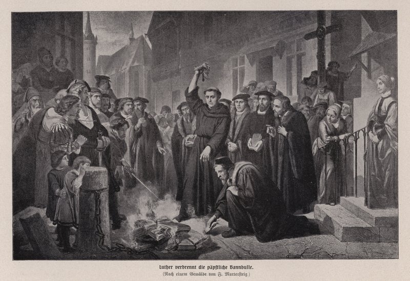 Martin Luther burning the papal bull in Wittenberg, Germany