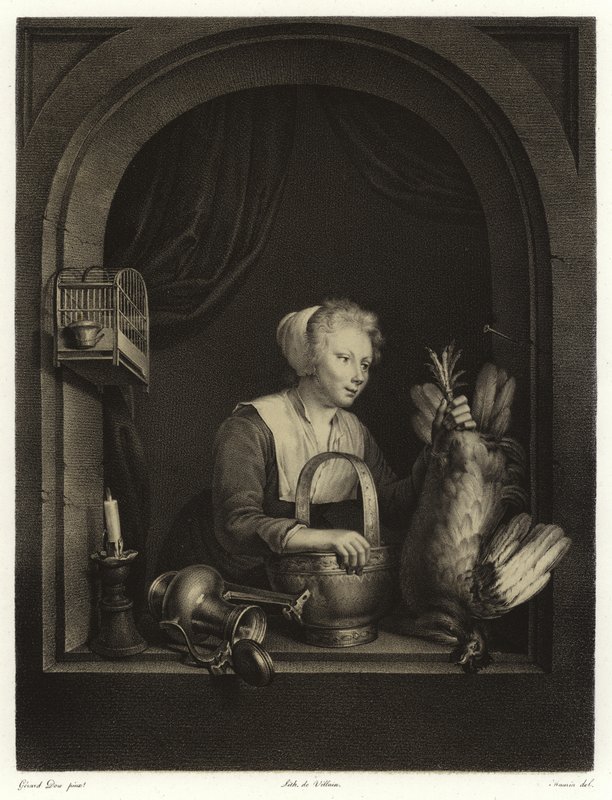 A woman hanging up a fowl by Gerrit Dou: Fine art print