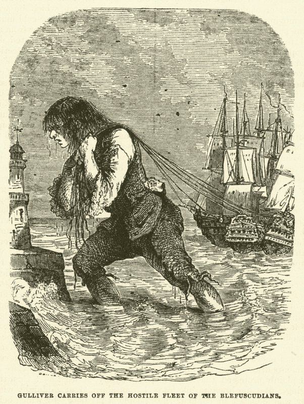Gulliver carries off the hostile fleet of the Blefuscudians (engraving)