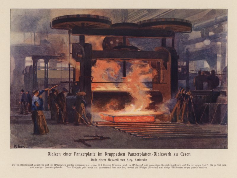 Rolling of armour plate at the Krupp works in Essen, Germany