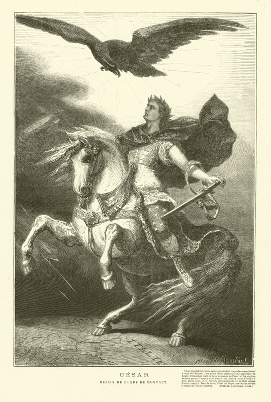 Julius Caesar on horseback with an imperial eagle above him