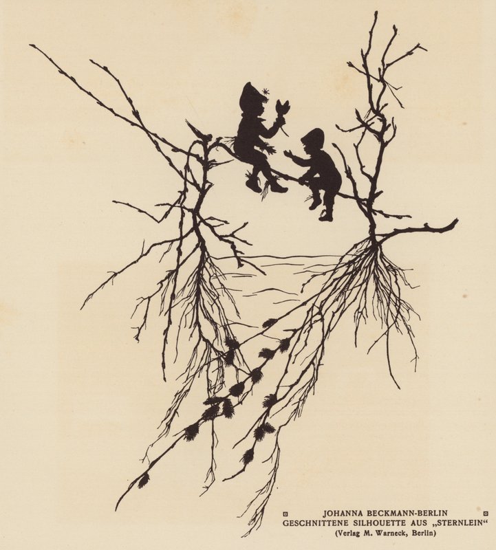 Silhouette of two figures sitting on a branch
