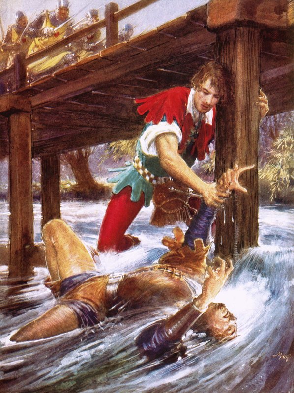Robin Hood rescuing Little John from a river