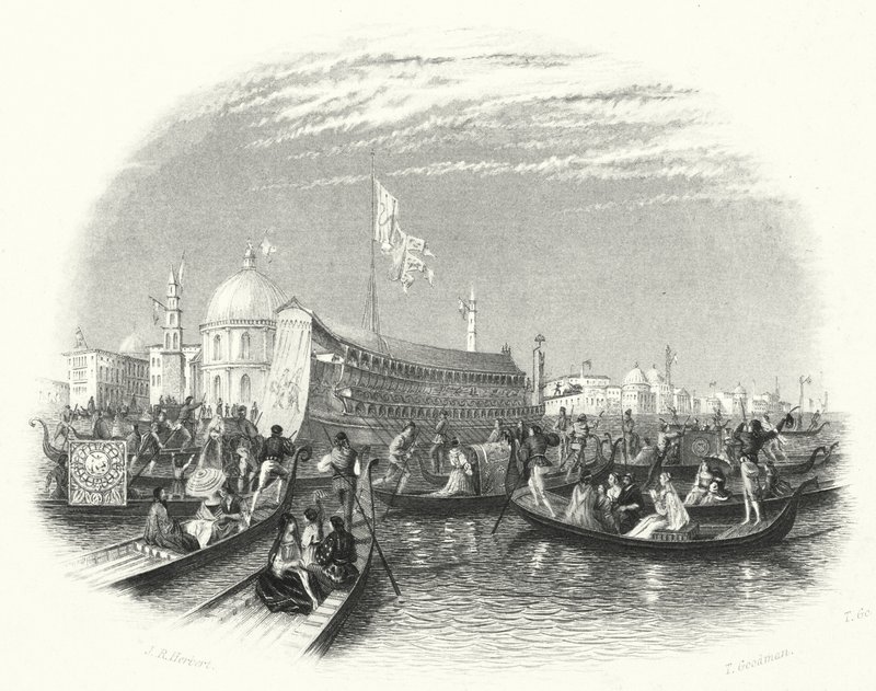 The marriage of the sea. The barge of the Doge and gondolas on the ...