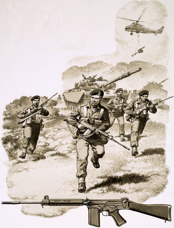 British infantry with the SLR rifle by Pat (1907-95) Nicolle
