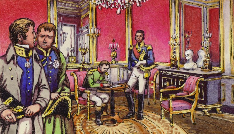 Napoleon signs the articles of abdication at the Palace of Fontainbleau