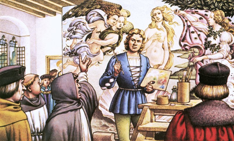 Savonarola berating Botticelli for painting the Birth of Venus