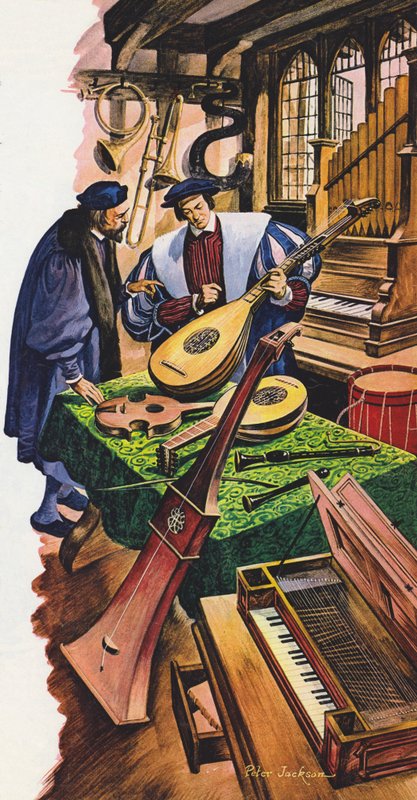 A maker of musical instruments in his shop in Tudor times