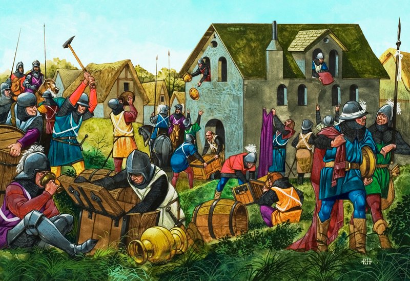 Medieval soldiers looting and pillaging by Richard Hook