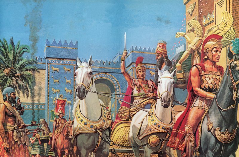 Alexander The Great, borne in his chariot, riding in triumph into Babylon