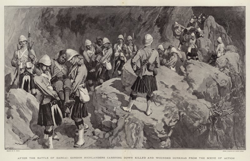 After the Battle of Dargai, Gordon Highlanders carrying down Killed and ...
